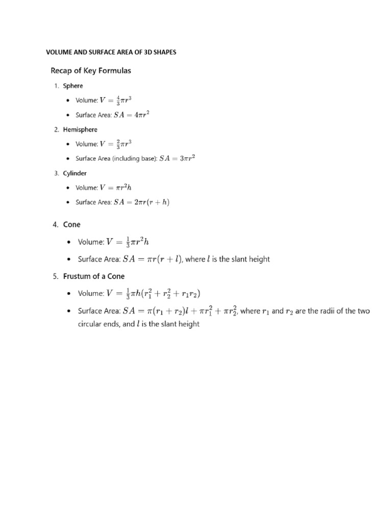 Volume and Surafce Area of 3D Shapes Formula Your Welcome | PDF