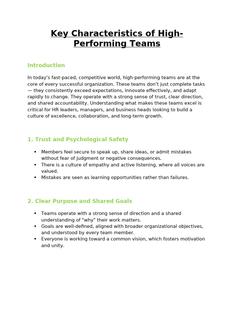 High Performance Team - Characteristics | PDF | Goal | Motivation