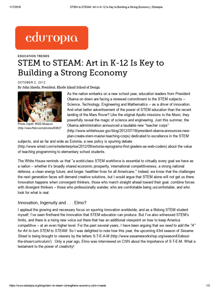 Edutopia STEM To STEAM Art in K 12 Is Key To Building A Strong Economy ...