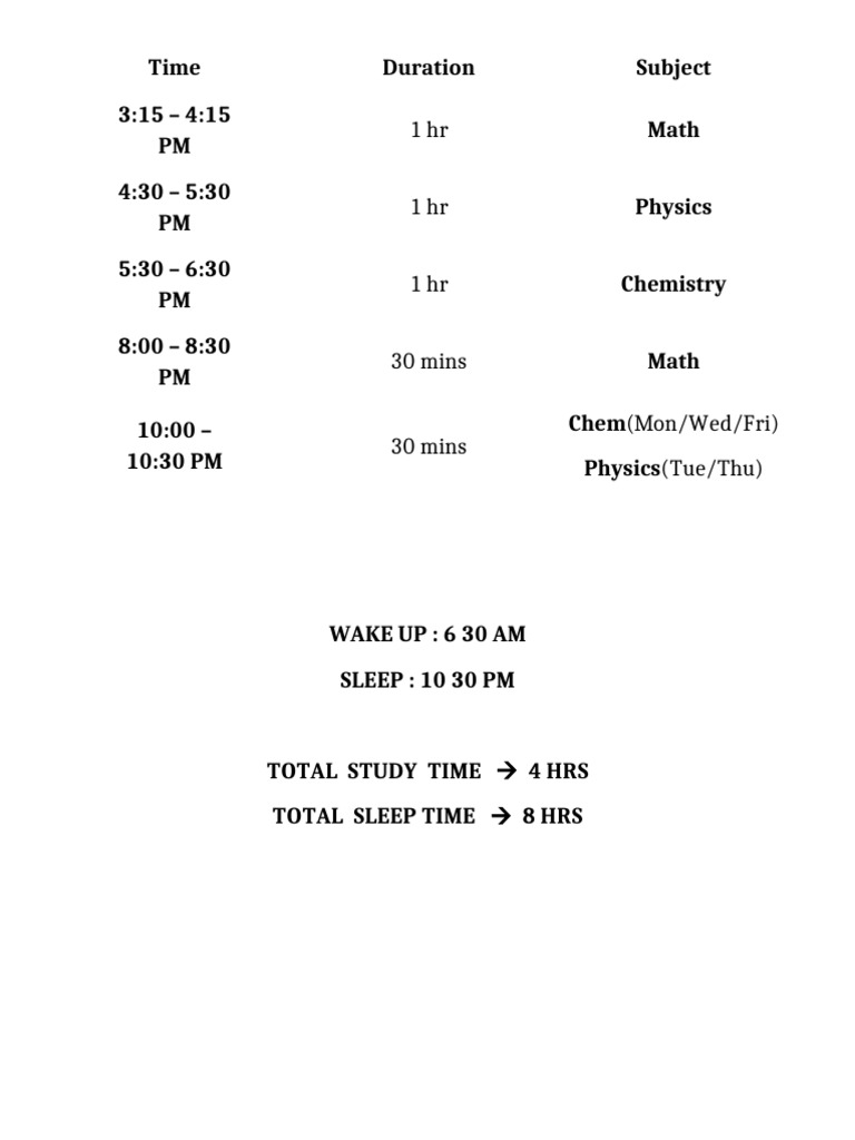 IIT JEE Daily Study Timetable | PDF
