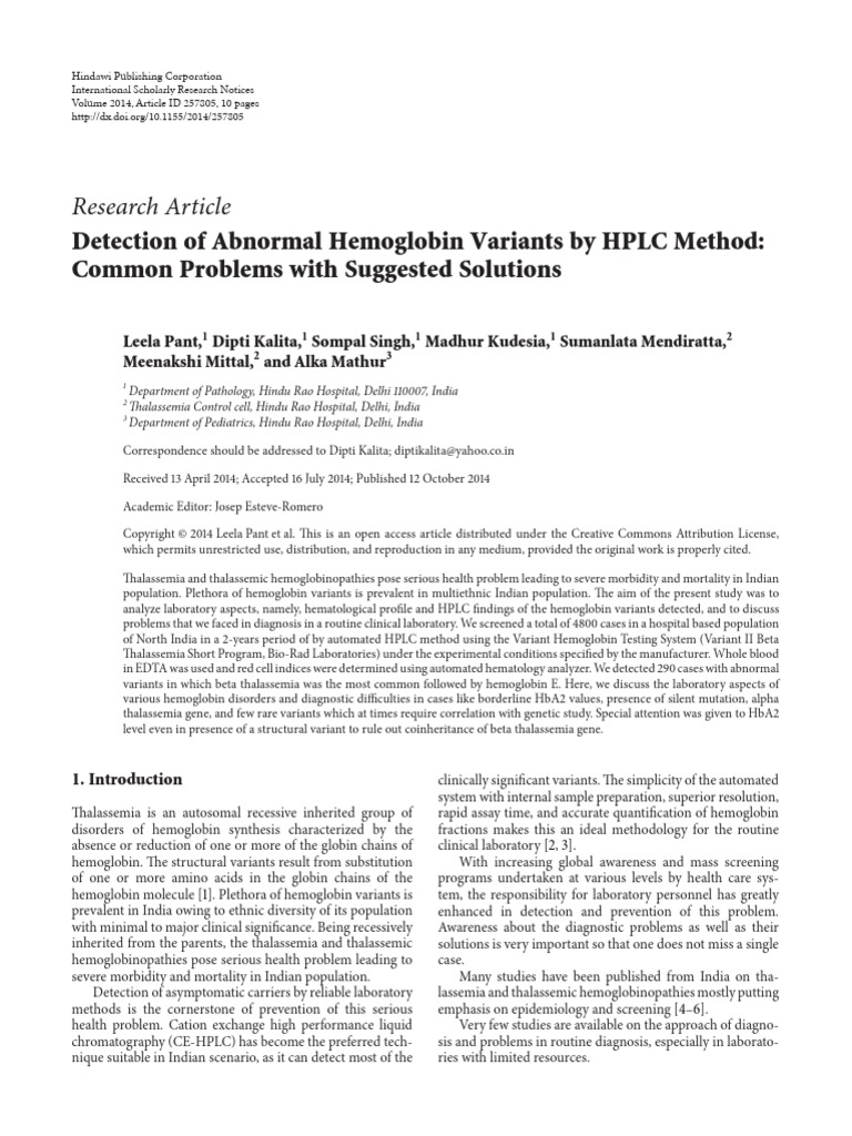 Detection of Abnormal Hemoglobin Variants by HPLC | PDF | Blood ...