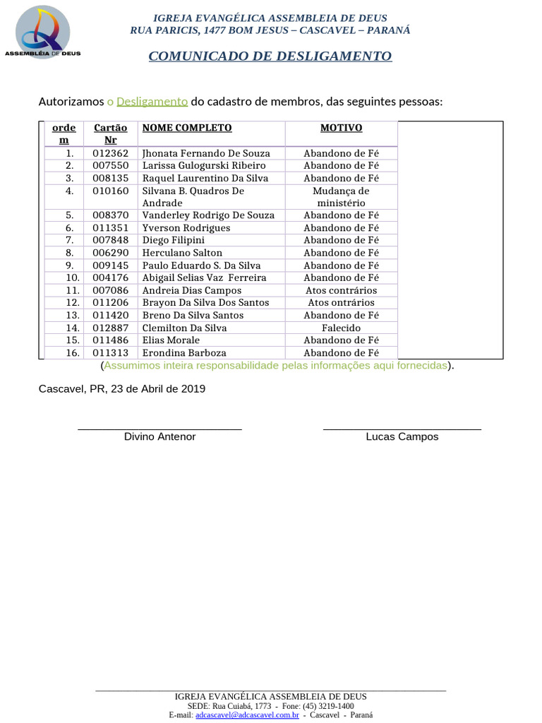 Desligamento Mes 4 De | PDF