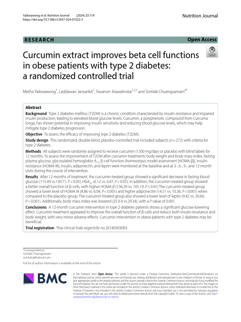 Curcumin Extract Improves Beta Cell Functions in Obese Patients With ...