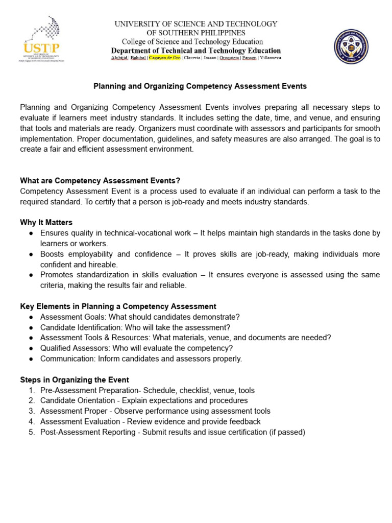 Planning and Organizing Competency Assessment Events | PDF