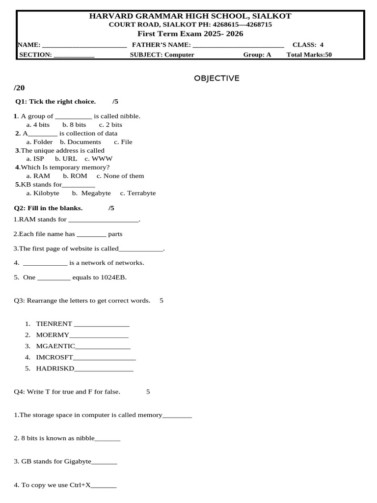Class 4 First Term Exam Paper 2025 | PDF | Random Access Memory ...