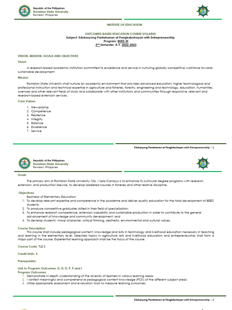 Tle 2 2ND Sem 2022 2023 Syllabus | PDF | Learning | Entrepreneurship