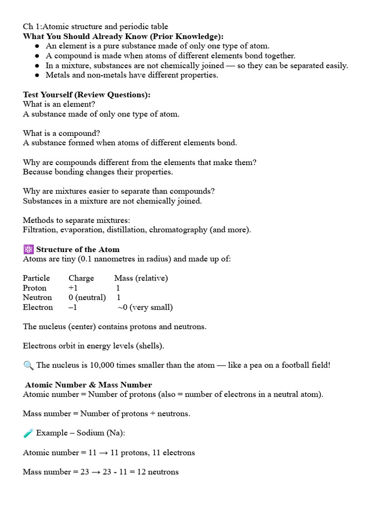 Notes _ Atomic Structure and Periodic Table | PDF | Atoms | Ion