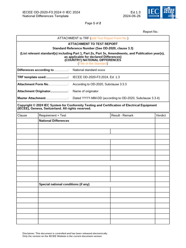 IECEE OD-2020-F3:2024 © IEC 2024 Ed.1.3 National Differences Template ...