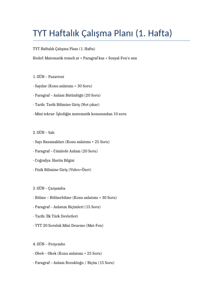 TYT Haftalik Calisma Plani 1 | PDF