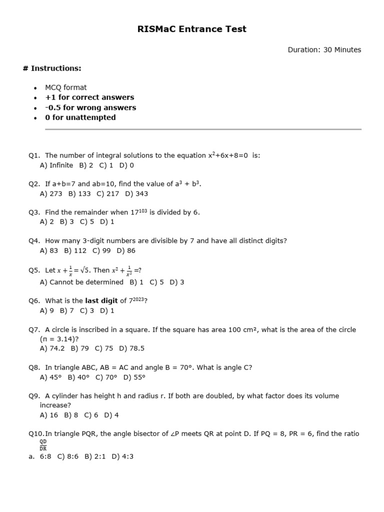 RISMaC Math Competition Questions | PDF | Area | Euclidean Geometry
