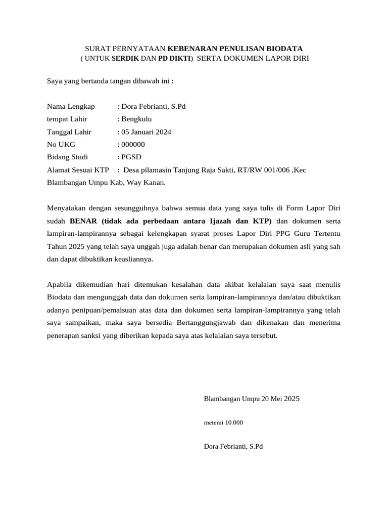 Master Surat Pernyataan Kebenaran Data Serta Dokumen Yang Dilaporkan | PDF