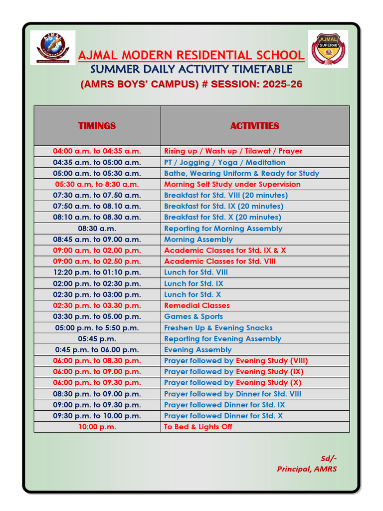 Summer Daily Activity Timetable - 2025!26!1 | PDF