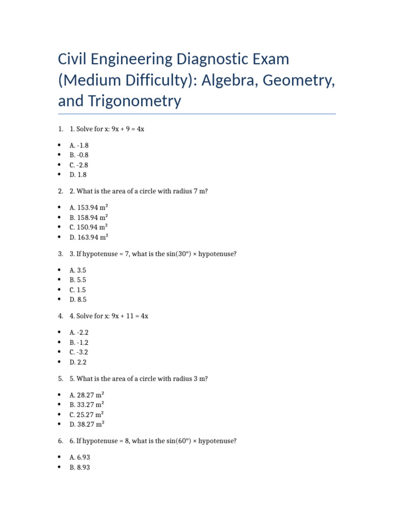 Civil Engineering Math Diagnostic Exam | PDF | Area | Geometry