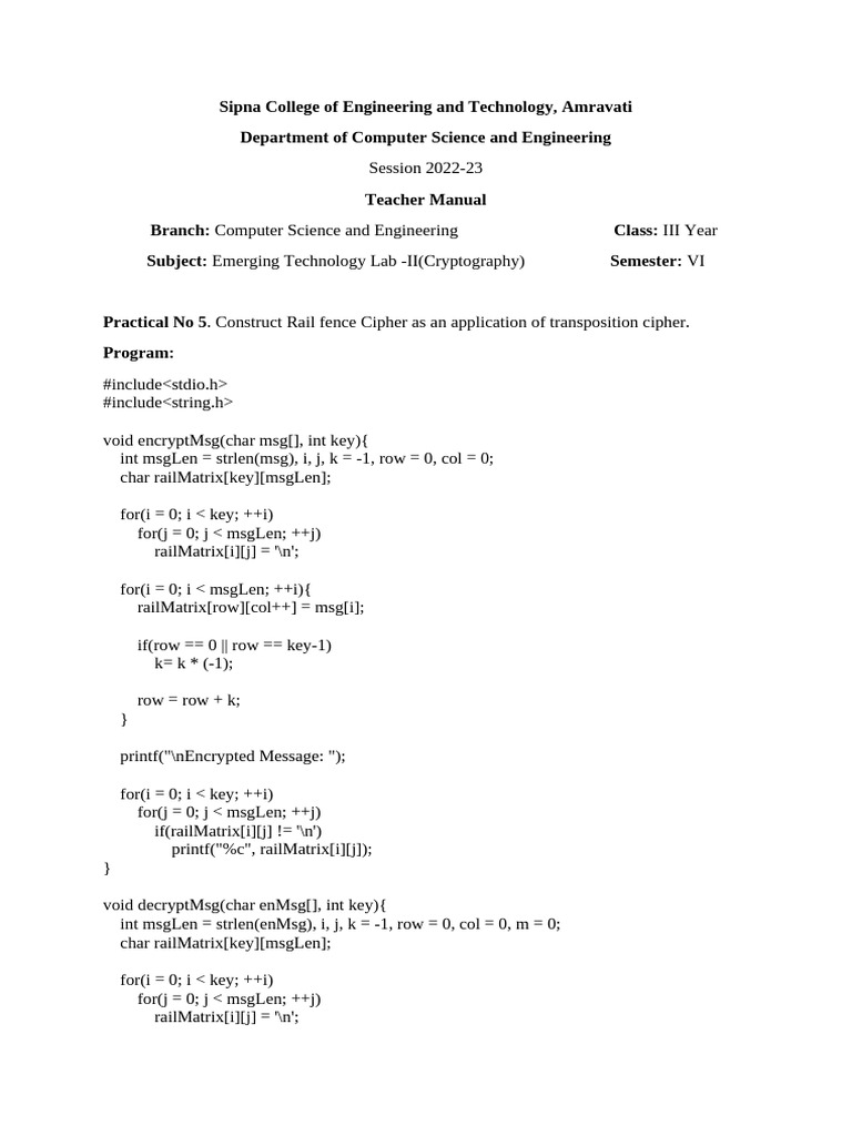 Rail Fence Cipher Implementation | PDF