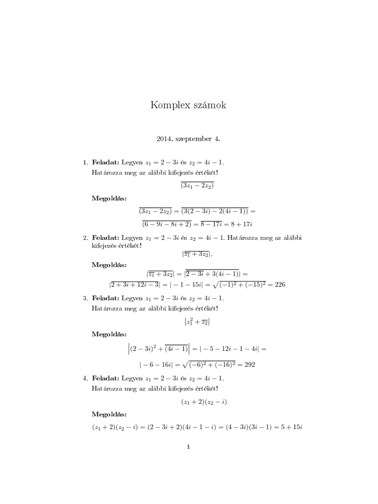 Komplex Szamok Megoldott Feladatok | PDF