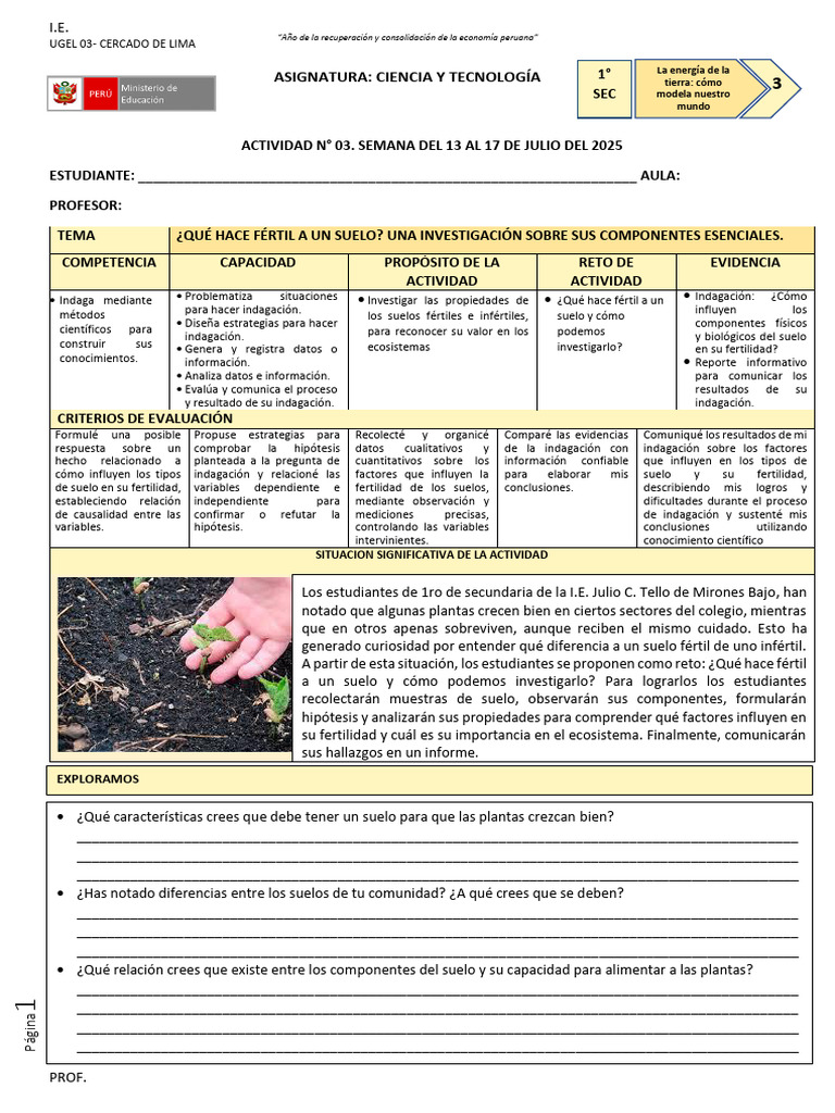 (PDF) 1° Sec - UNIDAD 3 - ACTIVIDAD 3 (CyT Indaga 2025) - Qué Hace Fértil A Un Suelo | PDF ...