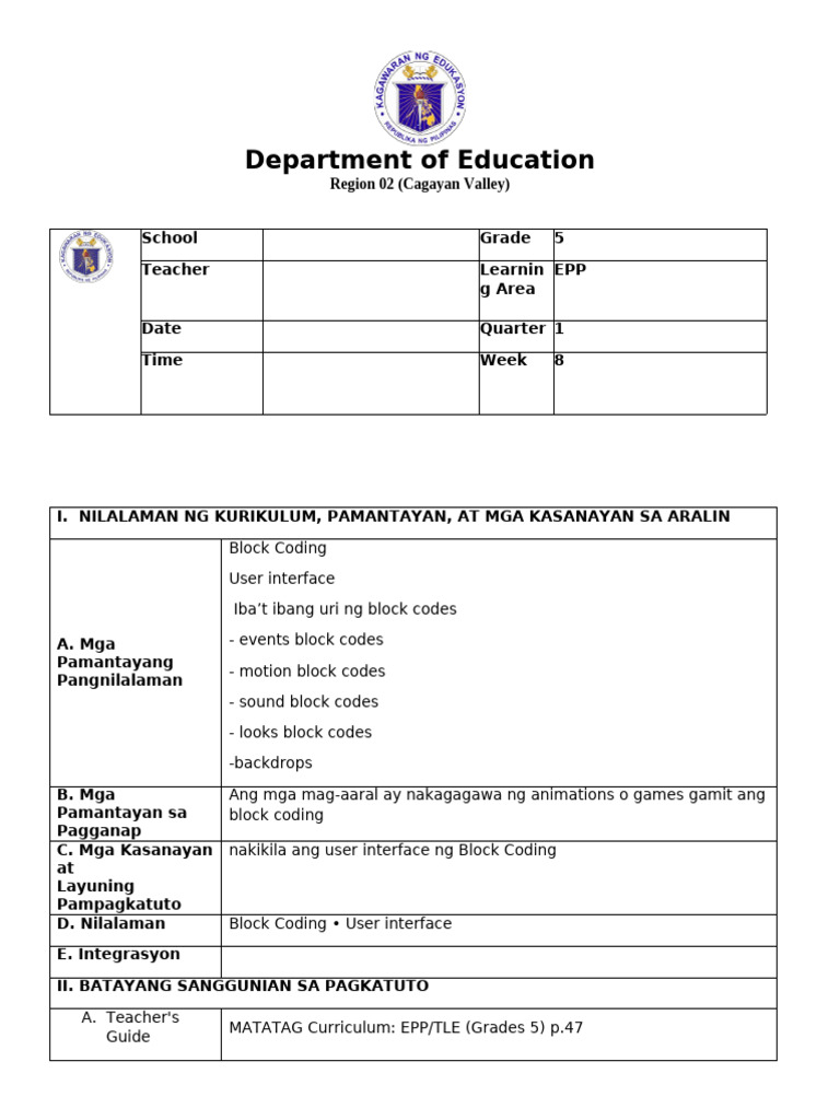 Region 02. EPP5. ICT. Block Coding LP Day 1 | PDF