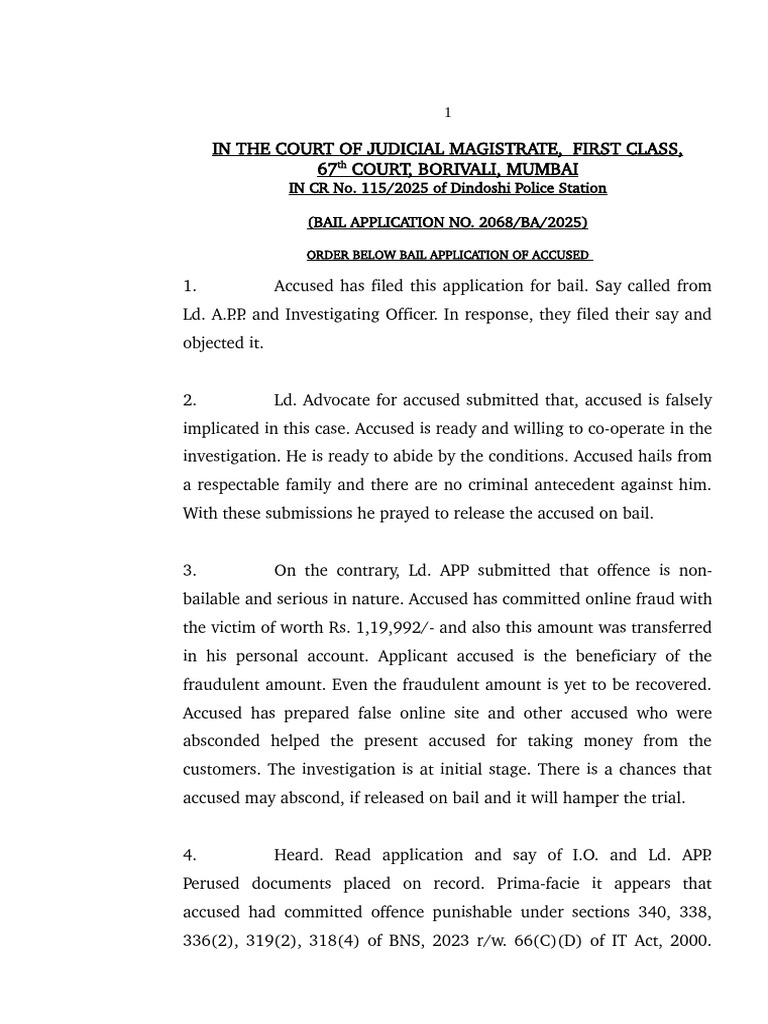 Bail Rejection Order for Online Fraud Case | PDF | Bail | Criminology