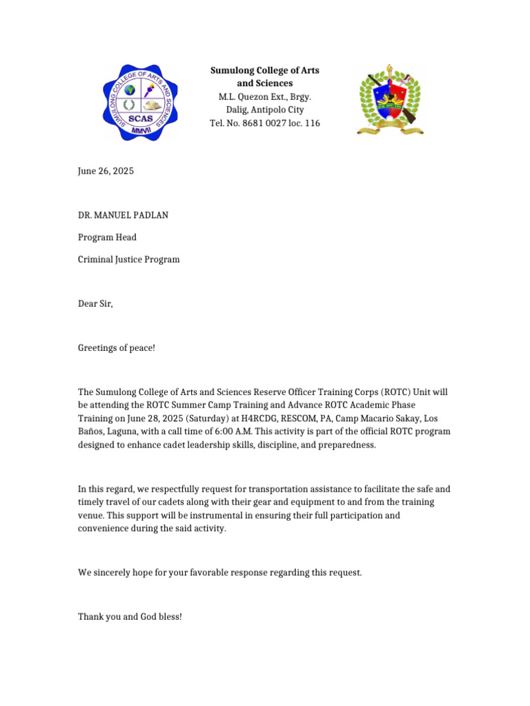 ROTC Transport Request Letter With Both Logos | PDF
