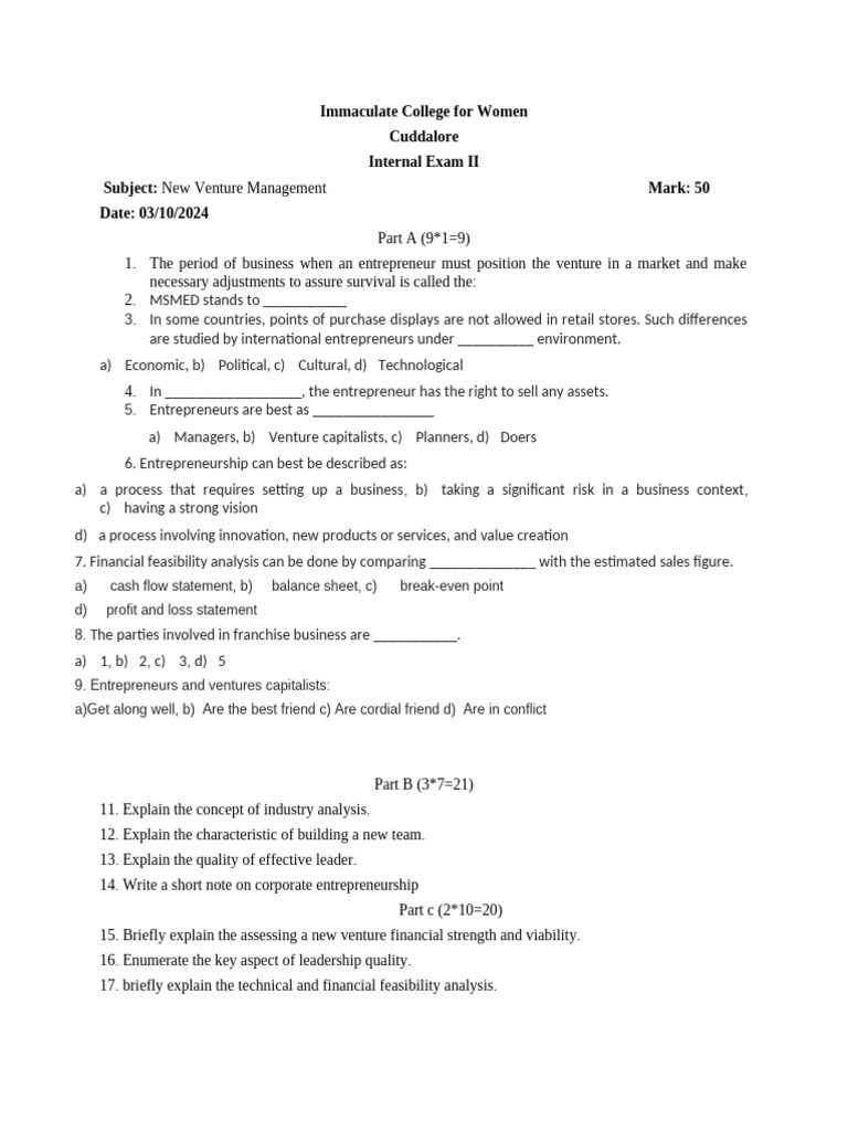 New Venture Management Exam Guide | PDF
