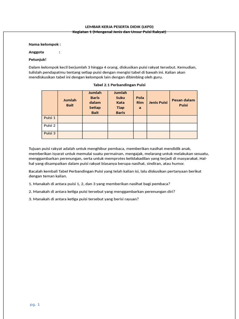 LKPD Teks Puisi Rakyat Dan Cerita Fantasi | PDF