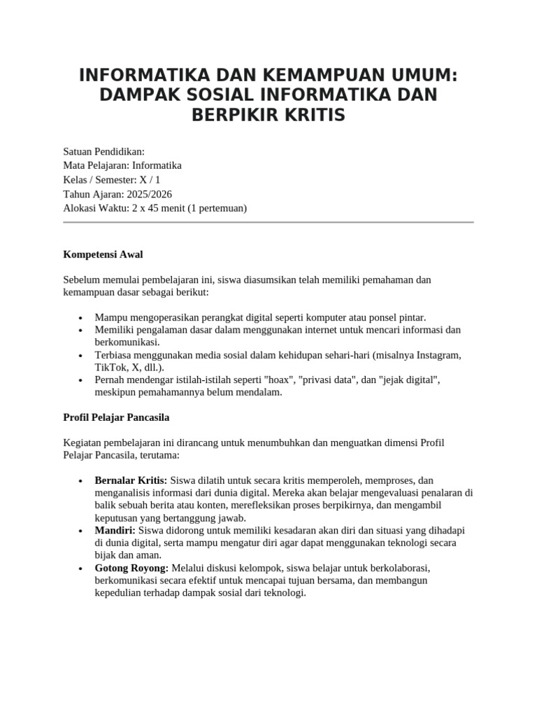 Informatika Dan Kemampuan Umum - Dampak Sosial Informatika Dan Berpikir Kritis | PDF