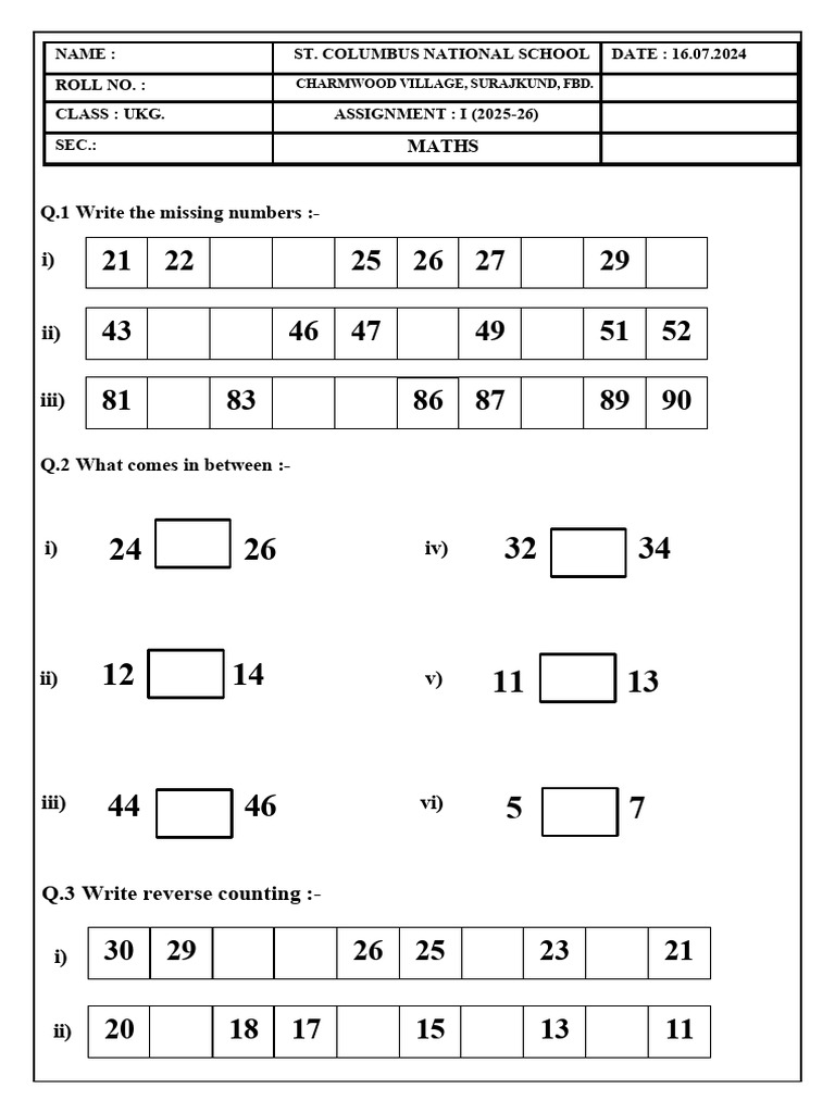 Maths Assignment 1 UKG.-1 | PDF