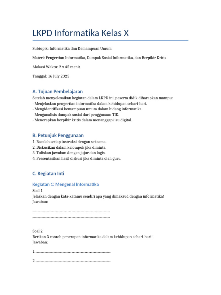 LKPD Informatika Kelas X | PDF