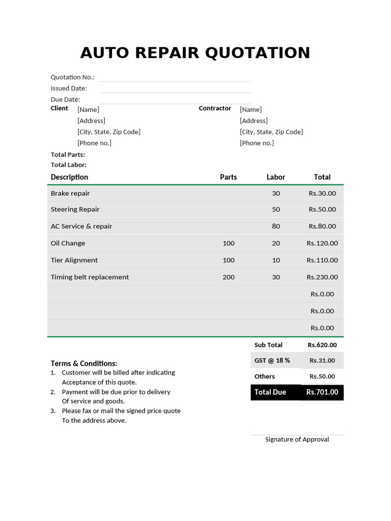 Auto Repair Quotation Template | PDF