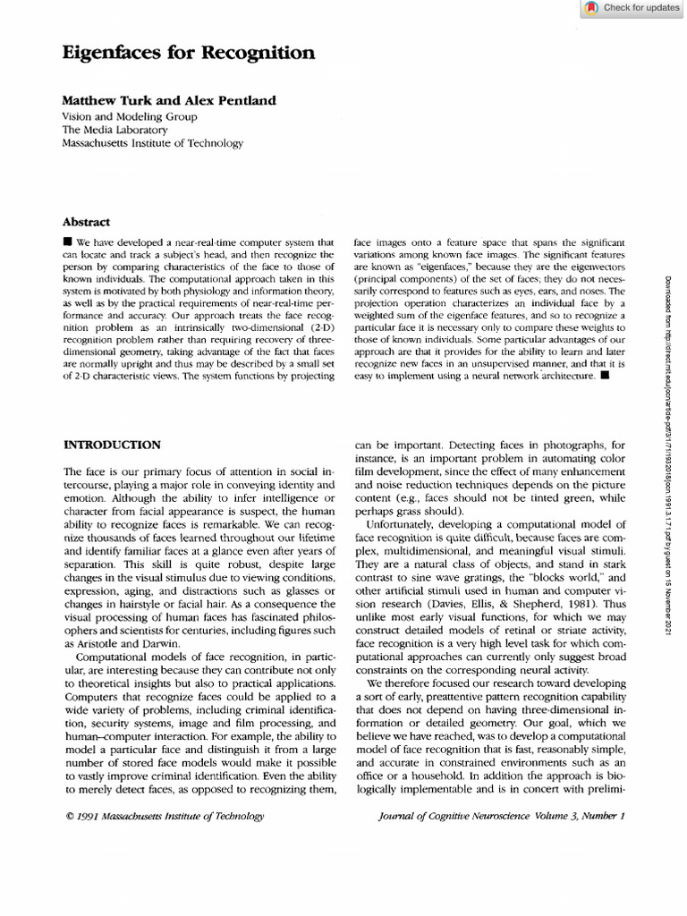 1991 - Eigenfaces For Recognition | PDF | Eigenvalues And Eigenvectors | Vector Space