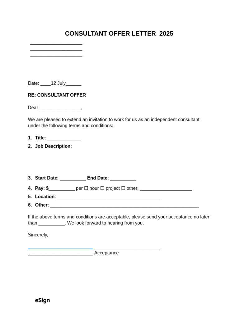 Consultant Offer Letter Template 2025 | PDF