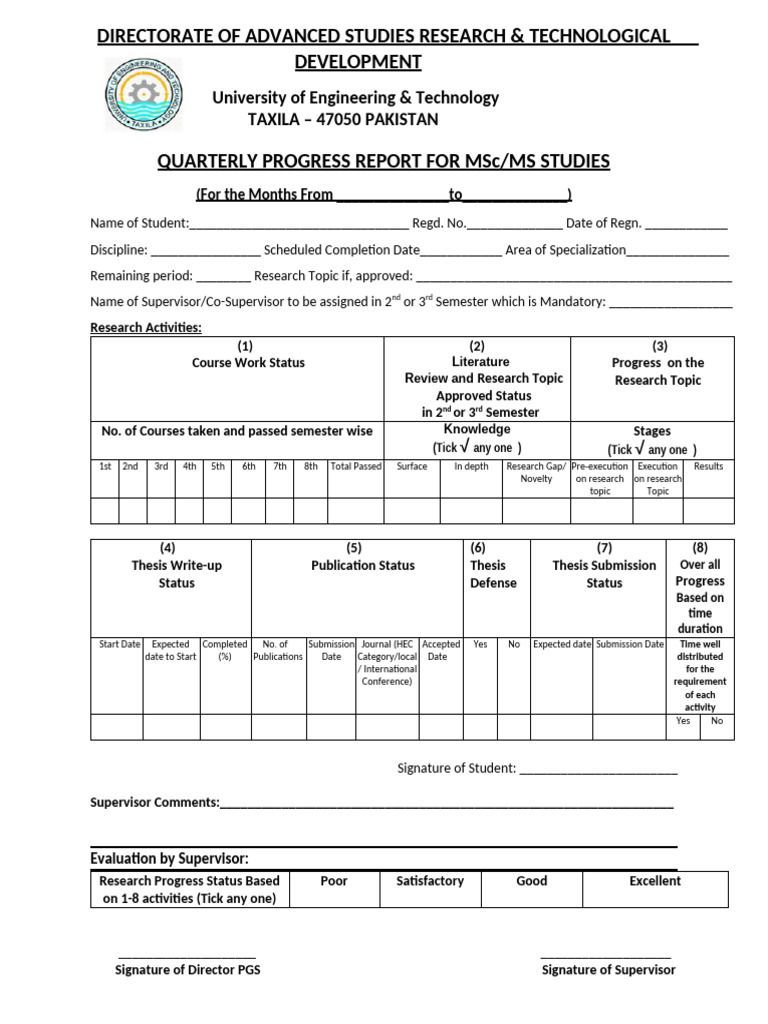 MSC Quarterly Progress Report Proforma | PDF | Thesis