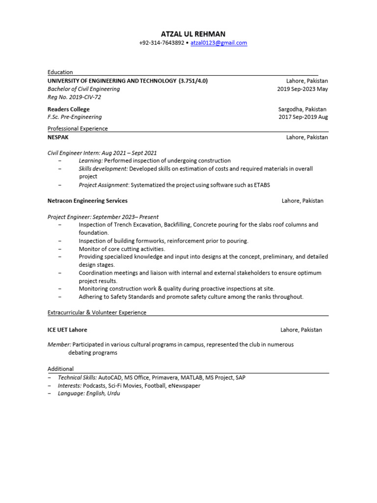 Civil Engineer Profile: Atzal Ul Rehman | PDF