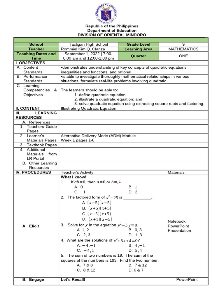 Grade 9 Quadratic Equations Lesson Plan | PDF | Quadratic Equation | Length