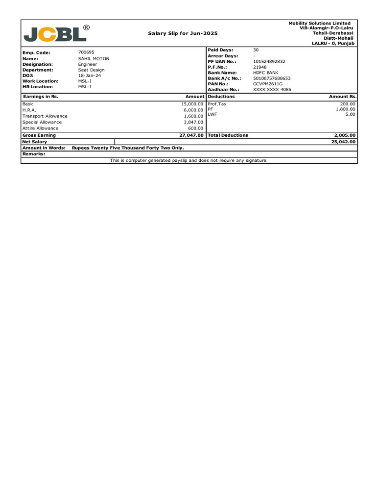Payslip MSL 062025 700695 | PDF | Taxes | Government Finances
