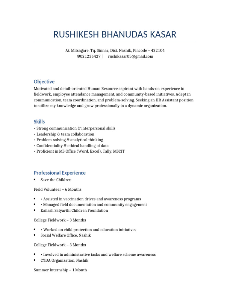 Rushikesh Kasar HR Assistant Resume | PDF