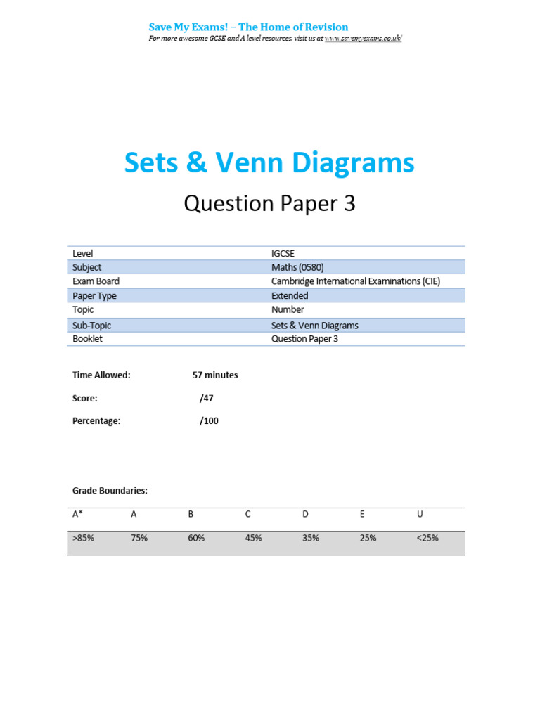IGCSE Sets and Venn Diagrams Exam Guide | PDF | Student Assessment And ...