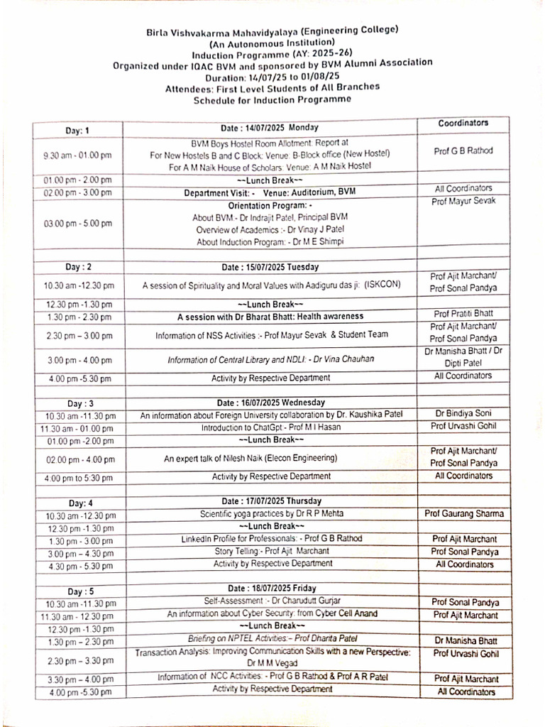 Induction 2025-26 Schedule L | PDF