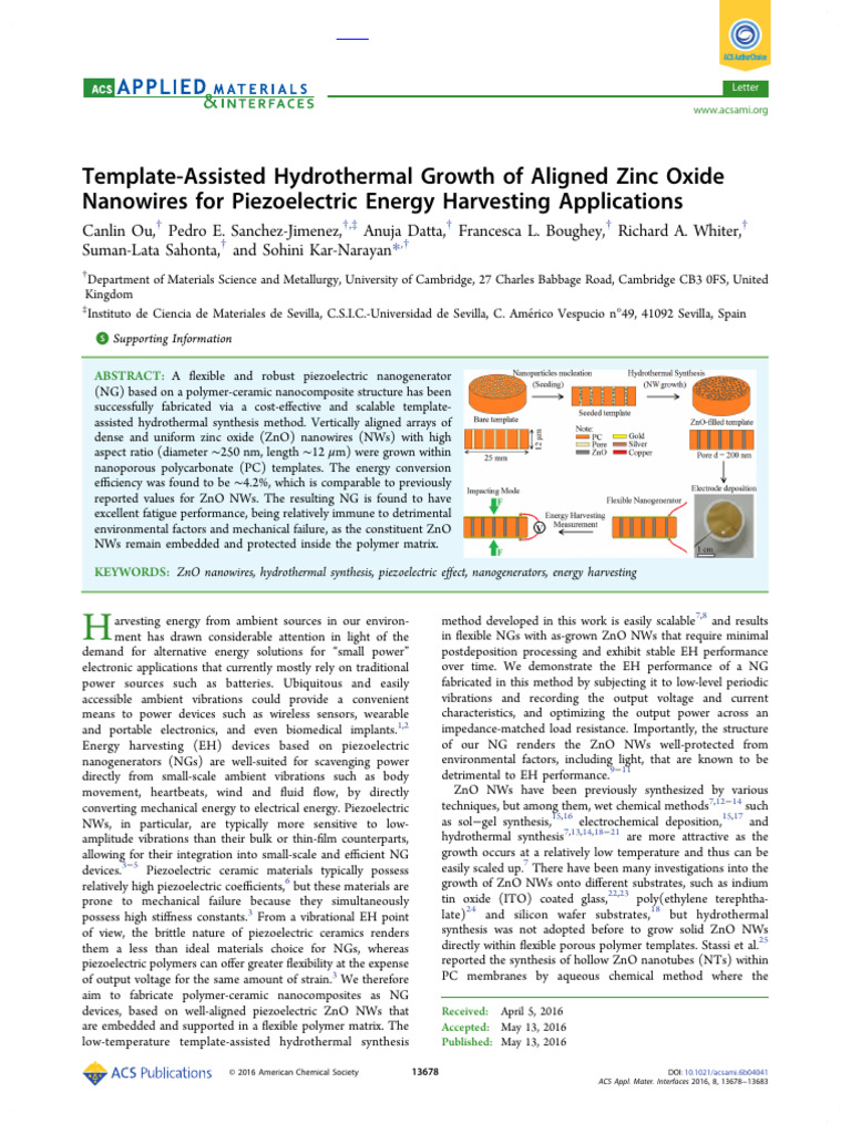 Ou Et Al 2016 Template Assisted Hydrothermal Growth of Aligned Zinc Oxide Nanowires For ...