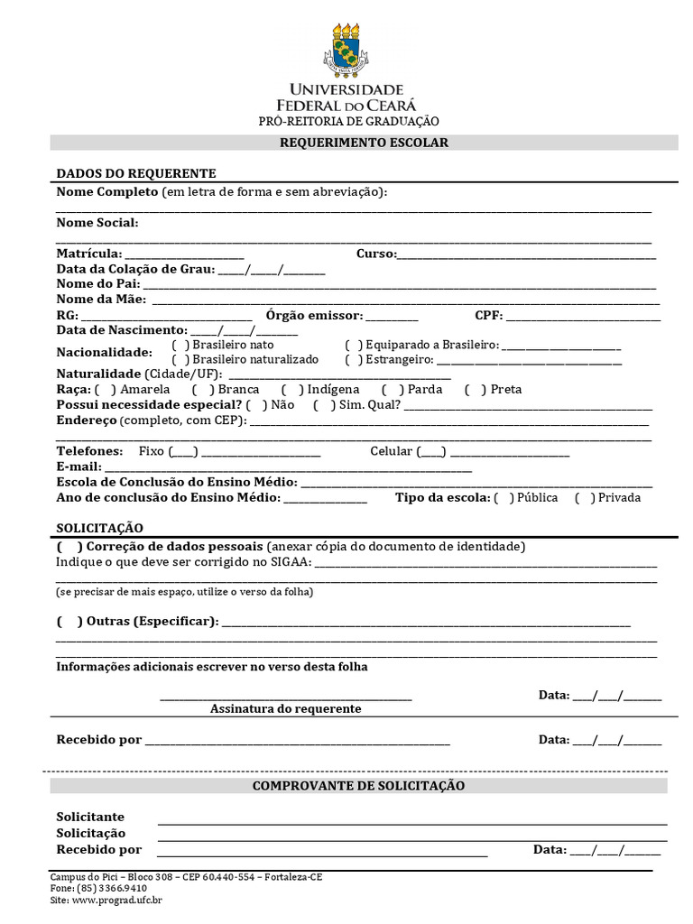 Requerimento Escolar da UFC: Formulário | PDF