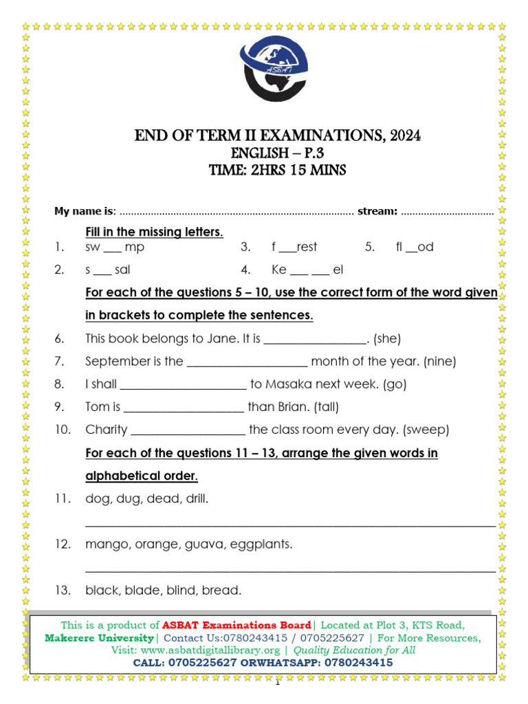 Asbat Examination English p3 Eot 2 2024 | PDF