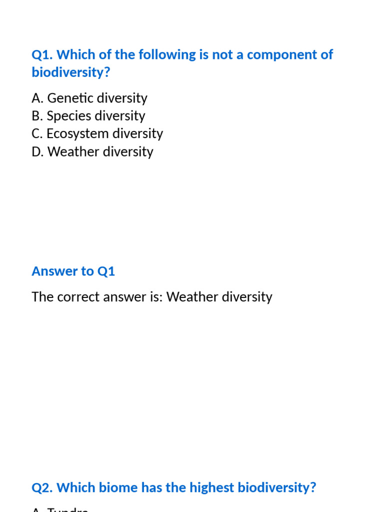 Biodiversity - Quiz - Level For Class 8 Students...... | PDF