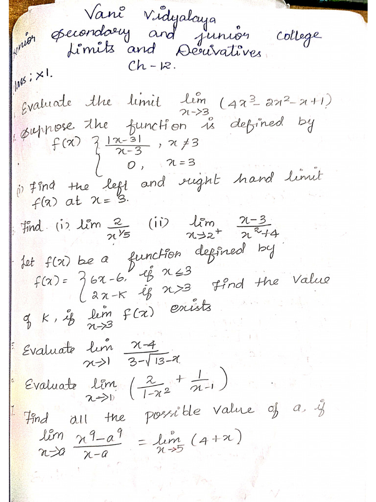 Worksheet Ch12 Limits and Derivatives Class 11 | PDF