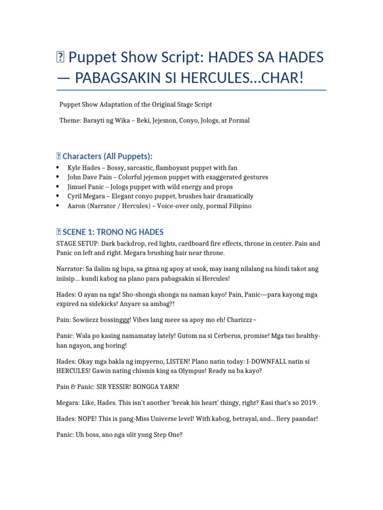 HADES Puppet Show Script | PDF