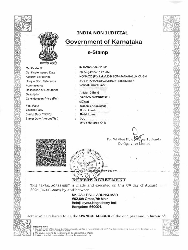 Rental Agreement 1577652 Rohitkumar | PDF | Lease | Real Property Law