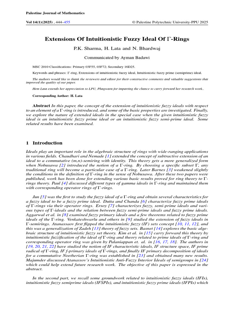 Extensions of Intuitionistic Fuzzy Ideals | PDF | Logic | Abstract Algebra
