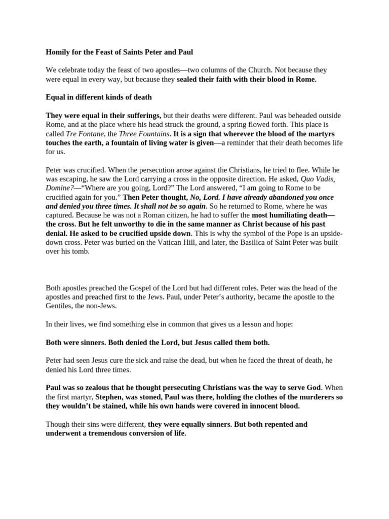 Homily For The Feast of Saints Peter and Paul | PDF | Saint Peter ...