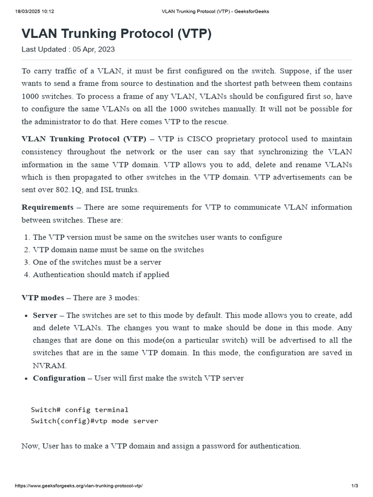 VLAN Trunking Protocol (VTP) - GeeksforGeeks | PDF | Network ...