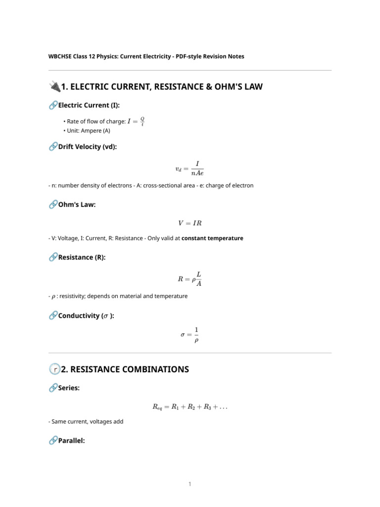 WBCHSE Class 12 Physics Current Electricity Notes | PDF | Electric ...