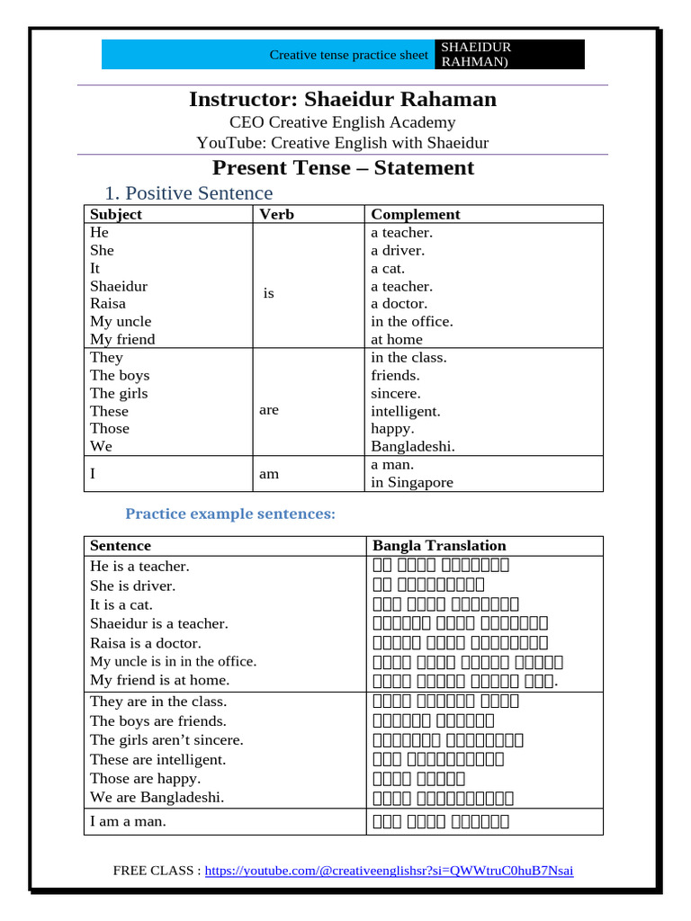 Present Indefinite Tense Practice | PDF | Subject (Grammar) | Verb